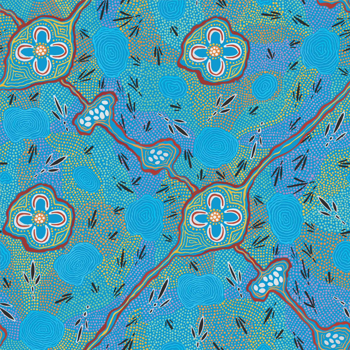 Bush Tucker Gathering Aboriginal Pattern Fabric | Australia Indigenous ...